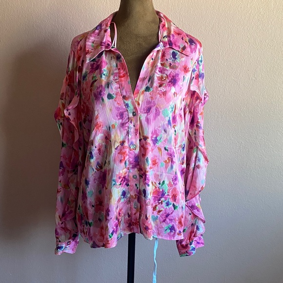 Zara | Tops | Zara Floral Button Down Shirt Pink And Purple | Poshmark